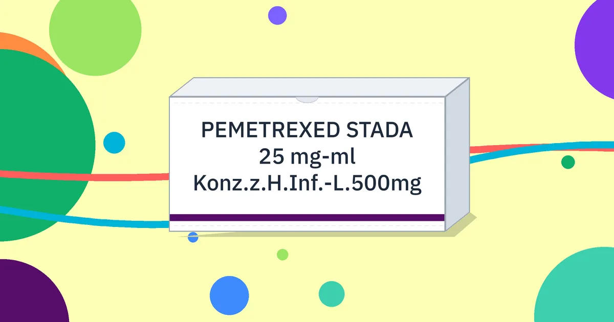 Symbolbild: Packung mit der Aufschrift PEMETREXED STADA 25 mg-ml Konz.z.H.Inf.-L.500mg (PZN 13868556) – Verfügbarkeit und Bezug in Apotheken in Frankfurt am Main