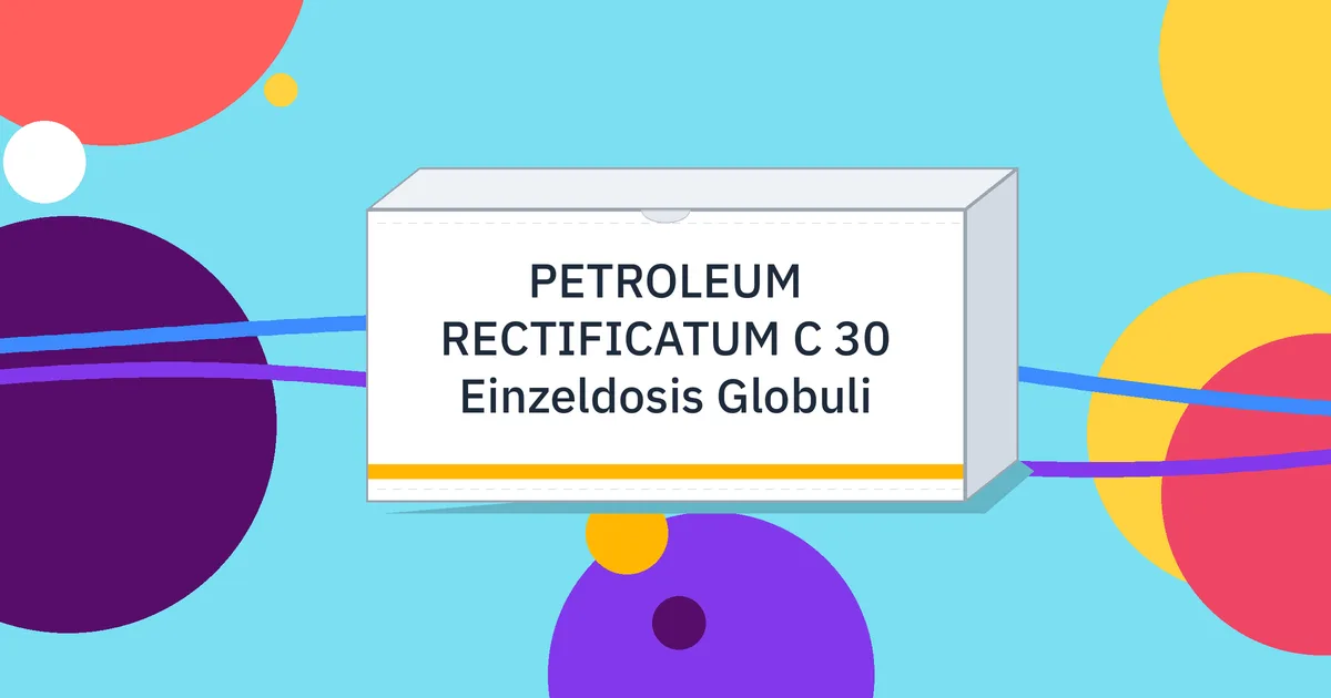 Symbolbild: Packung mit der Aufschrift PETROLEUM RECTIFICATUM C 30 Einzeldosis Globuli (PZN 01948899) – Verfügbarkeit und Bezug in Apotheken in Frankfurt am Main