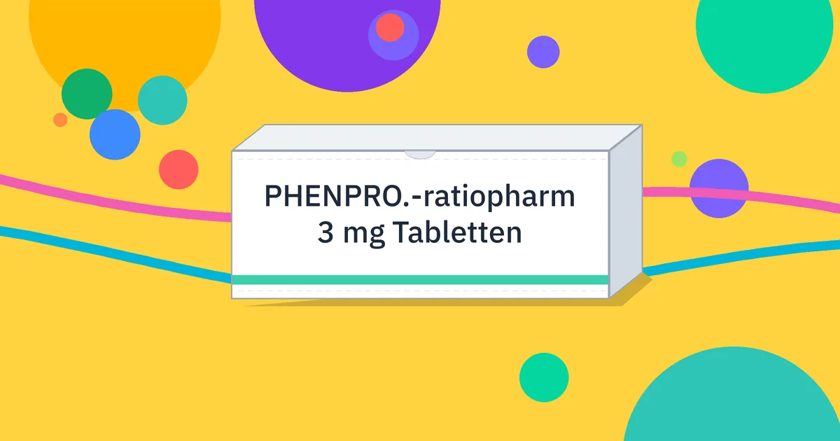 Symbolbild: Packung mit der Aufschrift PHENPRO.-ratiopharm 3 mg Tabletten (PZN 04582128) – Verfügbarkeit und Bezug in Apotheken in Frankfurt am Main