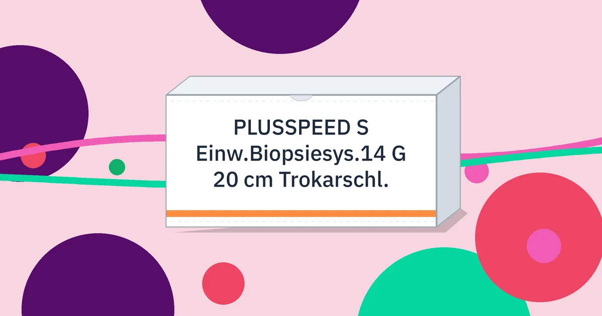 Symbolbild: Packung mit der Aufschrift PLUSSPEED S Einw.Biopsiesys.14 G 20 cm Trokarschl. (PZN 14258179) – Verfügbarkeit und Bezug in Apotheken in Frankfurt am Main