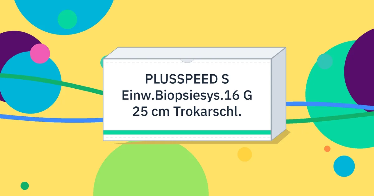 Symbolbild: Packung mit der Aufschrift PLUSSPEED S Einw.Biopsiesys.16 G 25 cm Trokarschl. (PZN 14258280) – Verfügbarkeit und Bezug in Apotheken in Frankfurt am Main