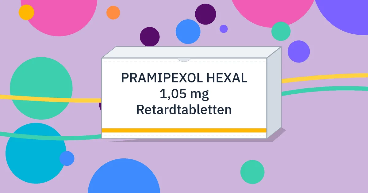 Symbolbild: Packung mit der Aufschrift PRAMIPEXOL HEXAL 1,05 mg Retardtabletten (PZN 08454999) – Verfügbarkeit und Bezug in Apotheken in Frankfurt am Main