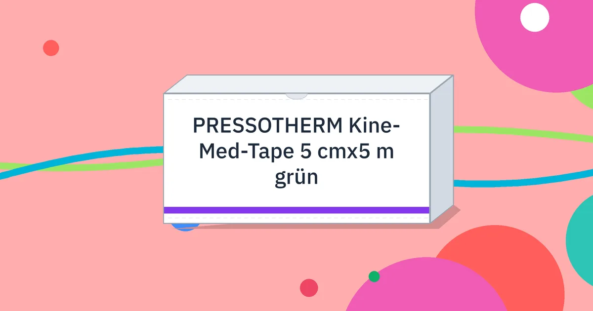 Symbolbild: Packung mit der Aufschrift PRESSOTHERM Kine-Med-Tape 5 cmx5 m grün (PZN 06340010) – Verfügbarkeit und Bezug in Apotheken in Frankfurt am Main