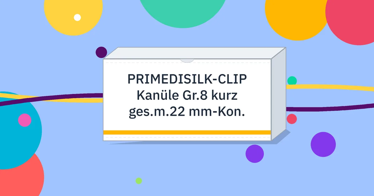 Symbolbild: Packung mit der Aufschrift PRIMEDISILK-CLIP Kanüle Gr.8 kurz ges.m.22 mm-Kon. (PZN 10780766) – Verfügbarkeit und Bezug in Apotheken in Frankfurt am Main