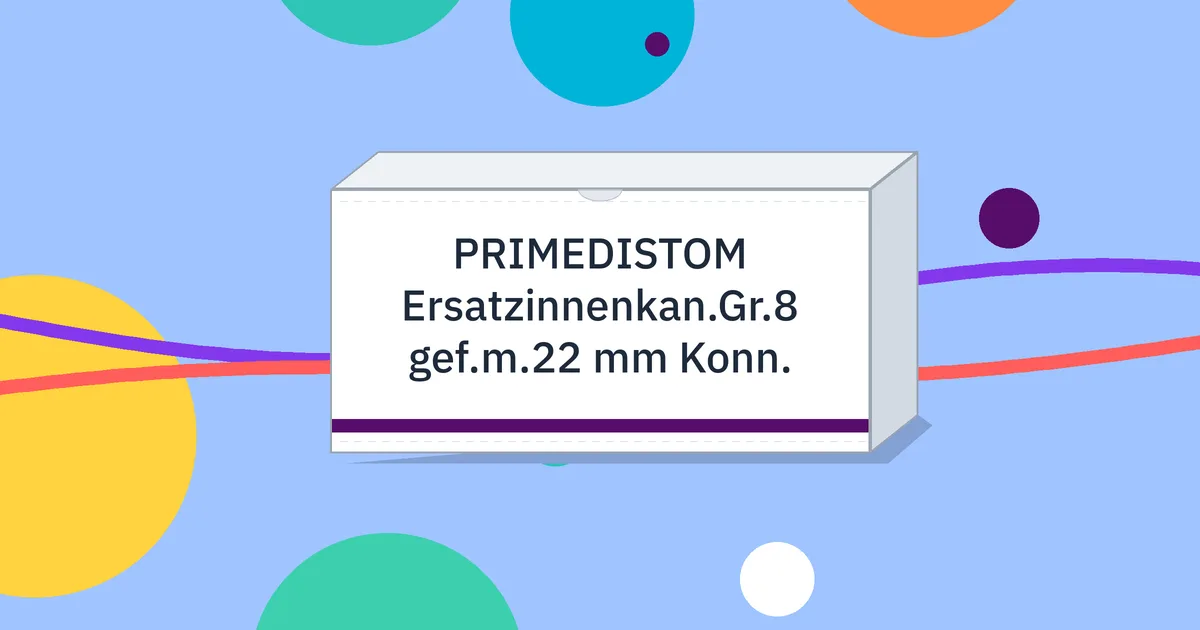 Symbolbild: Packung mit der Aufschrift PRIMEDISTOM Ersatzinnenkan.Gr.8 gef.m.22 mm Konn. (PZN 10257332) – Verfügbarkeit und Bezug in Apotheken in Frankfurt am Main