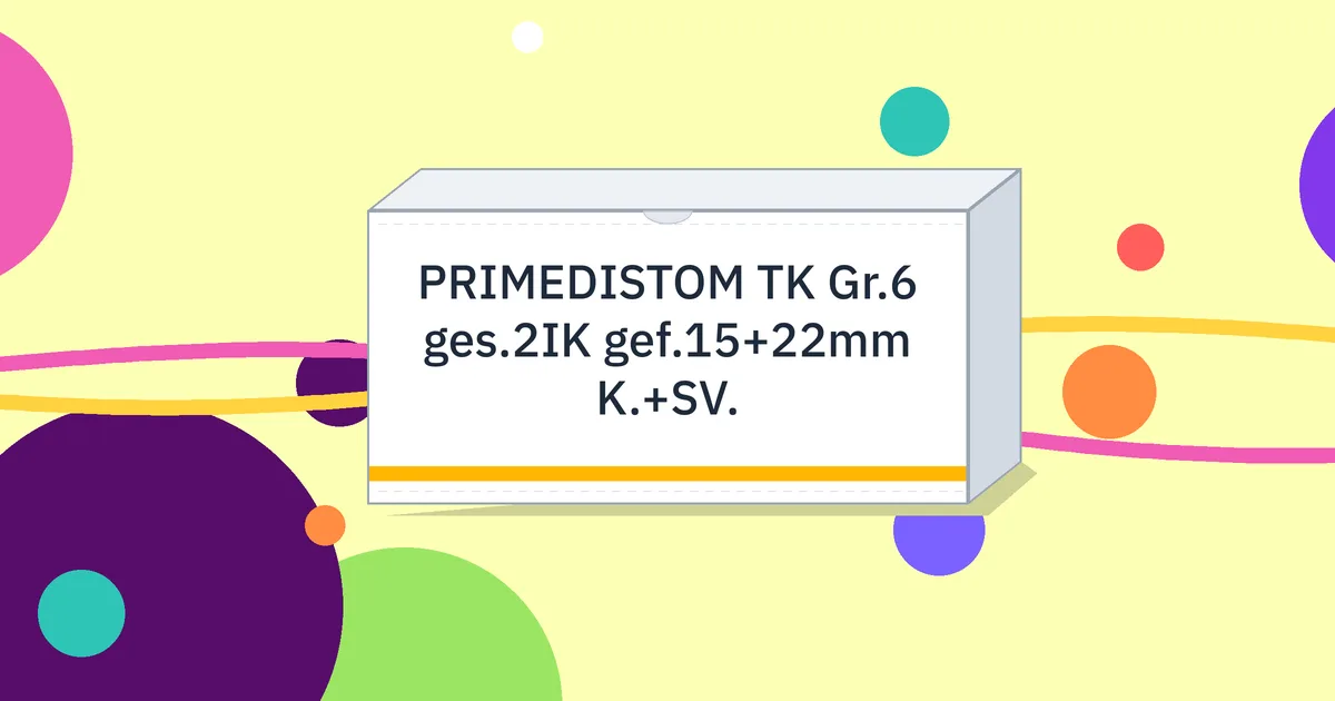 Symbolbild: Packung mit der Aufschrift PRIMEDISTOM TK Gr.6 ges.2IK gef.15+22mm K.+SV. (PZN 10928329) – Verfügbarkeit und Bezug in Apotheken in Frankfurt am Main