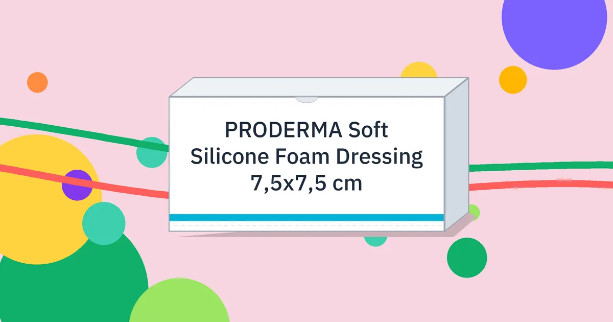 Symbolbild: Packung mit der Aufschrift PRODERMA Soft Silicone Foam Dressing 7,5x7,5 cm (PZN 20313830) – Verfügbarkeit und Bezug in Apotheken in Frankfurt am Main