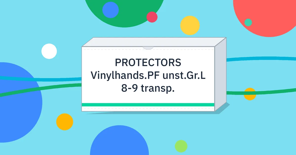 Symbolbild: Packung mit der Aufschrift PROTECTORS Vinylhands.PF unst.Gr.L 8-9 transp. (PZN 04689406) – Verfügbarkeit und Bezug in Apotheken in Frankfurt am Main