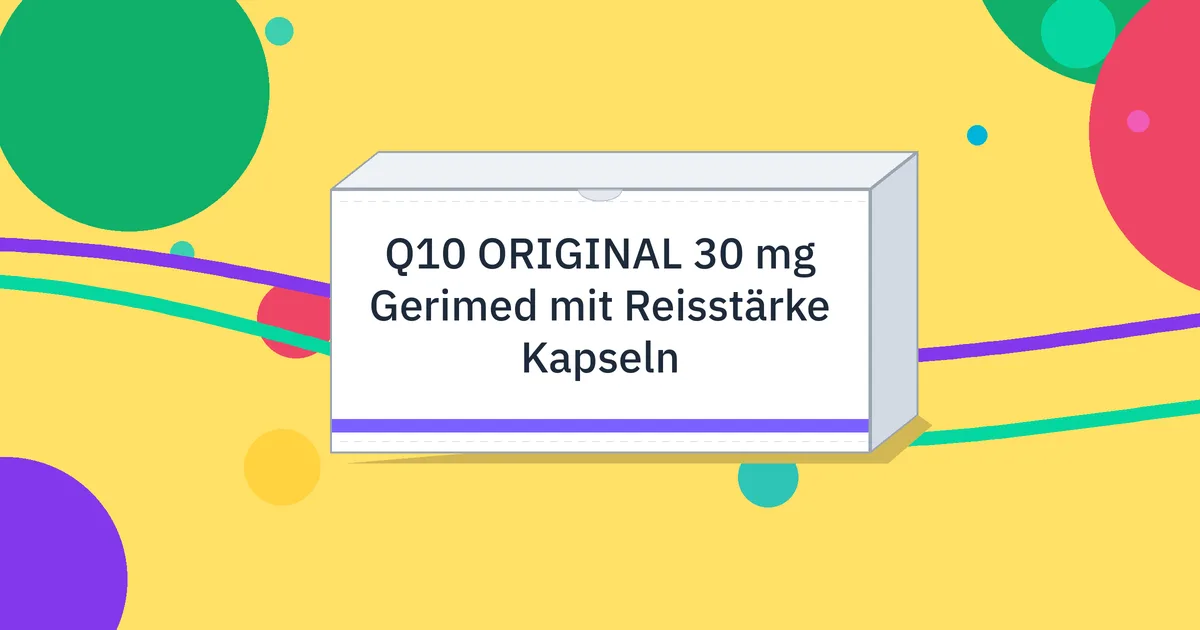 Symbolbild: Packung mit der Aufschrift Q10 ORIGINAL 30 mg Gerimed mit Reisstärke Kapseln (PZN 05703427) – Verfügbarkeit und Bezug in Apotheken in Frankfurt am Main