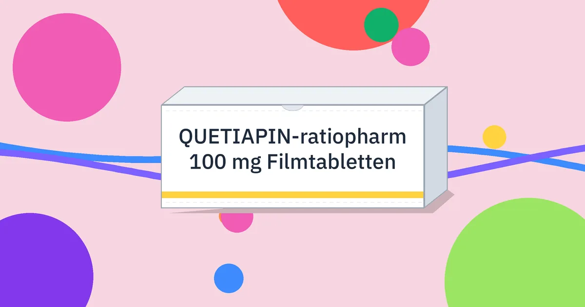 Symbolbild: Packung mit der Aufschrift QUETIAPIN-ratiopharm 100 mg Filmtabletten (PZN 09243170) – Verfügbarkeit und Bezug in Apotheken in Frankfurt am Main