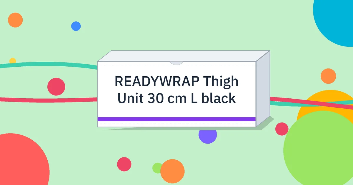 Symbolbild: Packung mit der Aufschrift READYWRAP Thigh Unit 30 cm L black (PZN 16566815) – Verfügbarkeit und Bezug in Apotheken in Frankfurt am Main