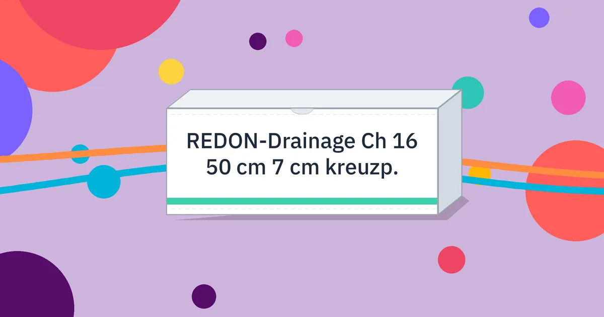 Symbolbild: Packung mit der Aufschrift REDON-Drainage Ch 16 50 cm 7 cm kreuzp. (PZN 17483882) – Verfügbarkeit und Bezug in Apotheken in Frankfurt am Main