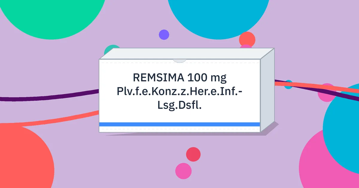 Symbolbild: Packung mit der Aufschrift REMSIMA 100 mg Plv.f.e.Konz.z.Her.e.Inf.-Lsg.Dsfl. (PZN 20418339) – Verfügbarkeit und Bezug in Apotheken in Frankfurt am Main