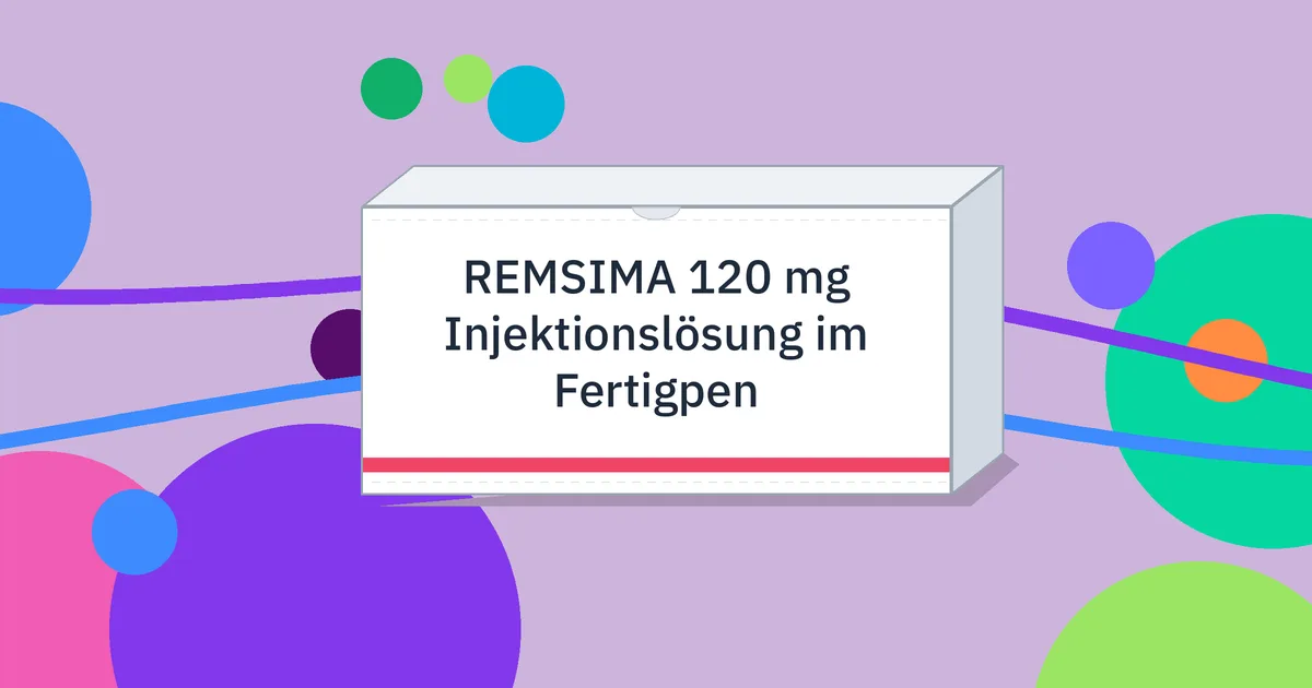 Symbolbild: Packung mit der Aufschrift REMSIMA 120 mg Injektionslösung im Fertigpen (PZN 18497082) – Verfügbarkeit und Bezug in Apotheken in Frankfurt am Main