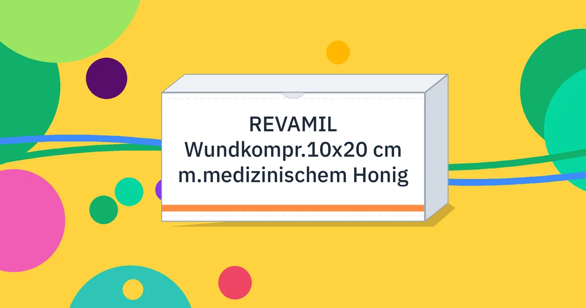 Symbolbild: Packung mit der Aufschrift REVAMIL Wundkompr.10x20 cm m.medizinischem Honig (PZN 06413884) – Verfügbarkeit und Bezug in Apotheken in Frankfurt am Main