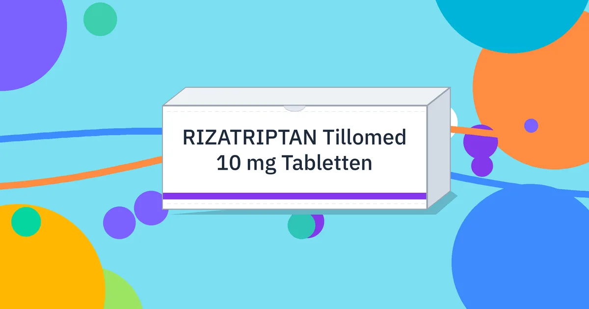 Symbolbild: Packung mit der Aufschrift RIZATRIPTAN Tillomed 10 mg Tabletten (PZN 13978546) – Verfügbarkeit und Bezug in Apotheken in Frankfurt am Main