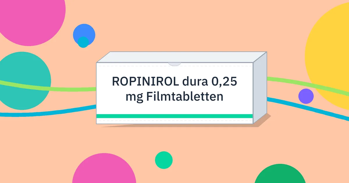 Symbolbild: Packung mit der Aufschrift ROPINIROL dura 0,25 mg Filmtabletten (PZN 02092905) – Verfügbarkeit und Bezug in Apotheken in Frankfurt am Main