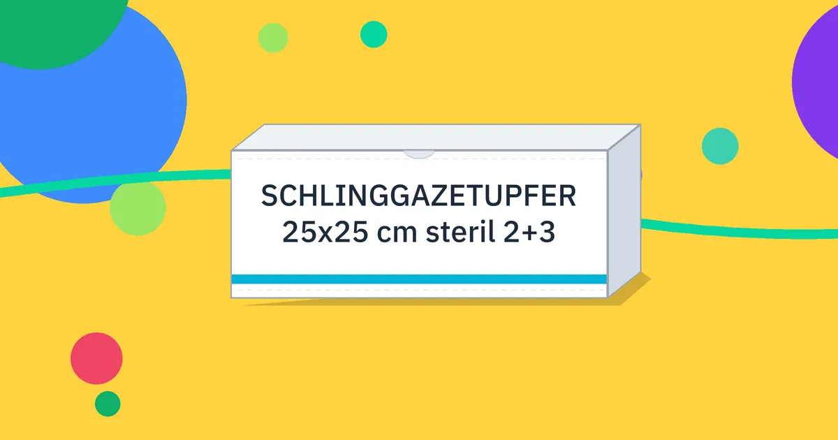 Symbolbild: Packung mit der Aufschrift SCHLINGGAZETUPFER 25x25 cm steril 2+3 (PZN 00406133) – Verfügbarkeit und Bezug in Apotheken in Frankfurt am Main