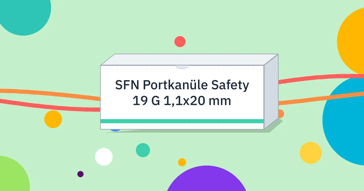 Symbolbild: Packung mit der Aufschrift SFN Portkanüle Safety 19 G 1,1x20 mm (PZN 07781621) – Verfügbarkeit und Bezug in Apotheken in Frankfurt am Main
