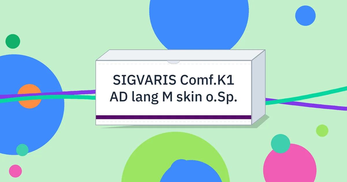 Symbolbild: Packung mit der Aufschrift SIGVARIS Comf.K1 AD lang M skin o.Sp. (PZN 17041196) – Verfügbarkeit und Bezug in Apotheken in Frankfurt am Main