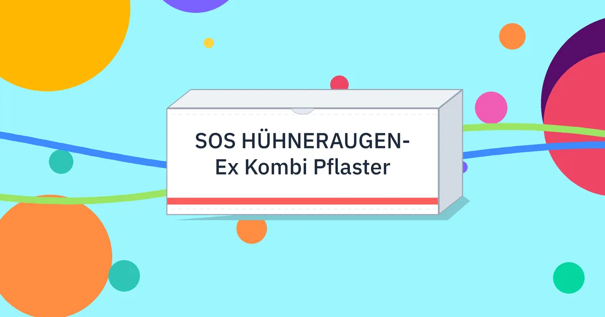 Symbolbild: Packung mit der Aufschrift SOS HÜHNERAUGEN-Ex Kombi Pflaster (PZN 16355053) – Verfügbarkeit und Bezug in Apotheken in Frankfurt am Main