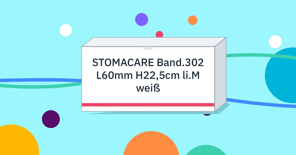 Symbolbild: Packung mit der Aufschrift STOMACARE Band.302 L60mm H22,5cm li.M weiß (PZN 03414021) – Verfügbarkeit und Bezug in Apotheken in Frankfurt am Main