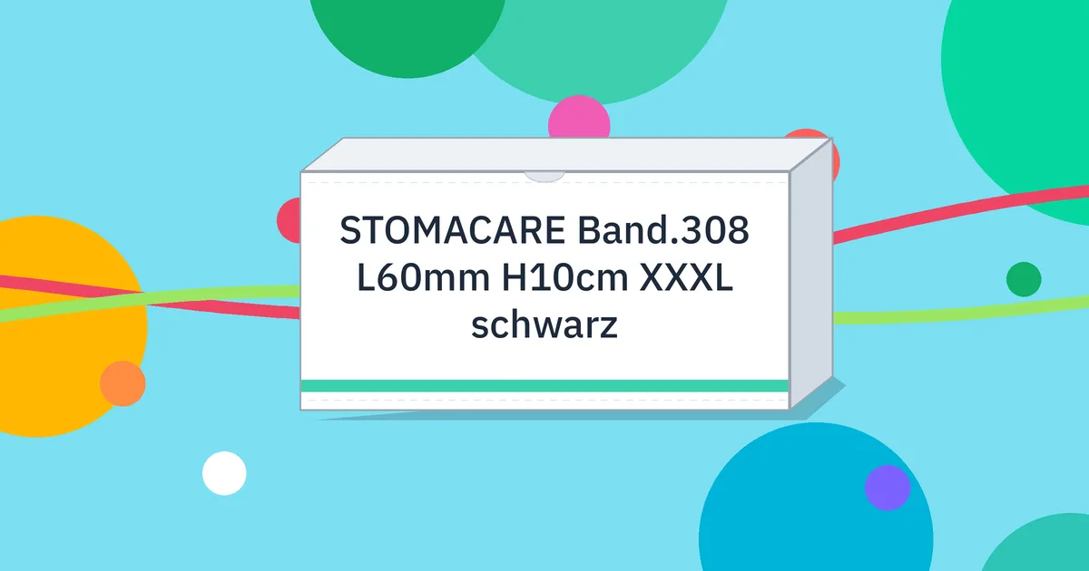 Symbolbild: Packung mit der Aufschrift STOMACARE Band.308 L60mm H10cm XXXL schwarz (PZN 10841344) – Verfügbarkeit und Bezug in Apotheken in Frankfurt am Main