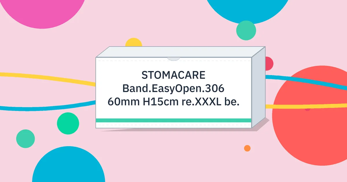 Symbolbild: Packung mit der Aufschrift STOMACARE Band.EasyOpen.306 60mm H15cm re.XXXL be. (PZN 07665613) – Verfügbarkeit und Bezug in Apotheken in Frankfurt am Main