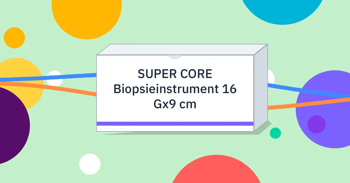 Symbolbild: Packung mit der Aufschrift SUPER CORE Biopsieinstrument 16 Gx9 cm (PZN 06770762) – Verfügbarkeit und Bezug in Apotheken in Frankfurt am Main