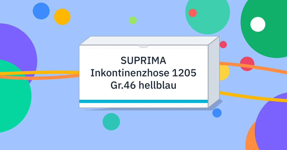 Symbolbild: Packung mit der Aufschrift SUPRIMA Inkontinenzhose 1205 Gr.46 hellblau (PZN 03020428) – Verfügbarkeit und Bezug in Apotheken in Frankfurt am Main