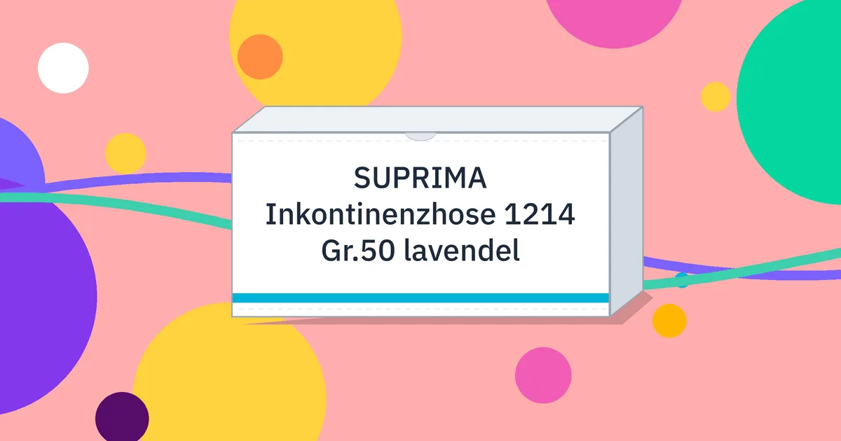Symbolbild: Packung mit der Aufschrift SUPRIMA Inkontinenzhose 1214 Gr.50 lavendel (PZN 02852351) – Verfügbarkeit und Bezug in Apotheken in Frankfurt am Main
