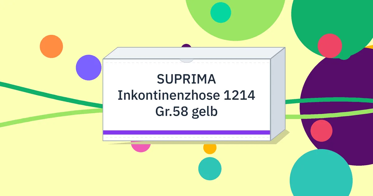 Symbolbild: Packung mit der Aufschrift SUPRIMA Inkontinenzhose 1214 Gr.58 gelb (PZN 02852196) – Verfügbarkeit und Bezug in Apotheken in Frankfurt am Main