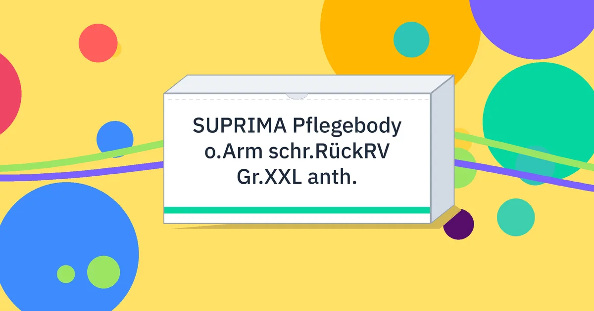 Symbolbild: Packung mit der Aufschrift SUPRIMA Pflegebody o.Arm schr.RückRV Gr.XXL anth. (PZN 10710955) – Verfügbarkeit und Bezug in Apotheken in Frankfurt am Main