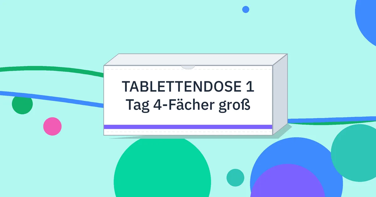 Symbolbild: Packung mit der Aufschrift TABLETTENDOSE 1 Tag 4-Fächer groß (PZN 06566613) – Verfügbarkeit und Bezug in Apotheken in Frankfurt am Main
