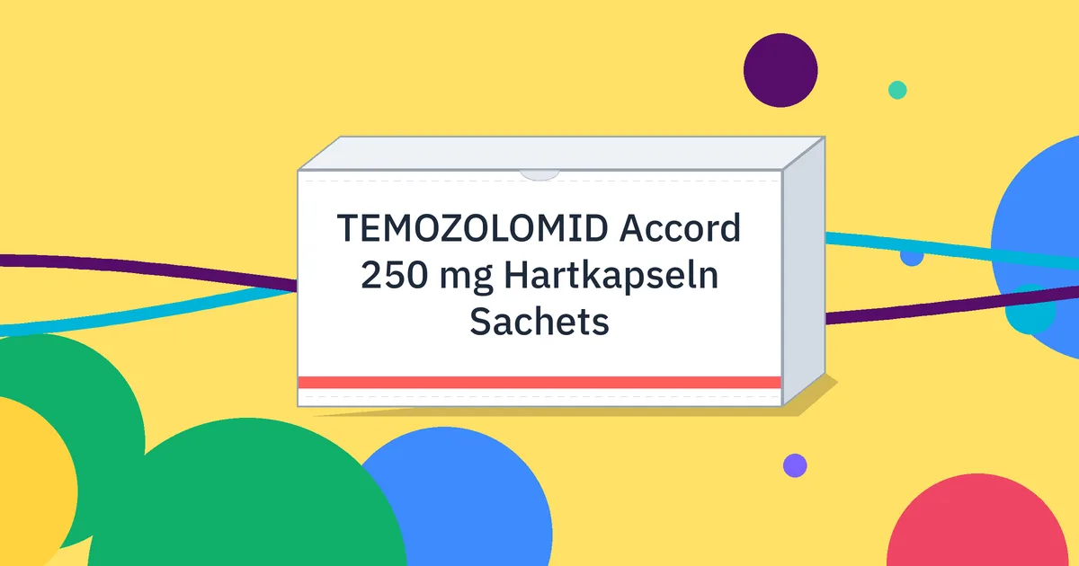 Symbolbild: Packung mit der Aufschrift TEMOZOLOMID Accord 250 mg Hartkapseln Sachets (PZN 16764337) – Verfügbarkeit und Bezug in Apotheken in Frankfurt am Main