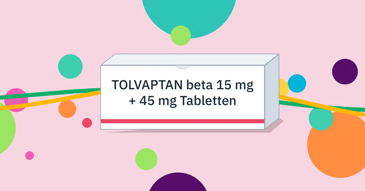 Symbolbild: Packung mit der Aufschrift TOLVAPTAN beta 15 mg + 45 mg Tabletten (PZN 19155372) – Verfügbarkeit und Bezug in Apotheken in Frankfurt am Main