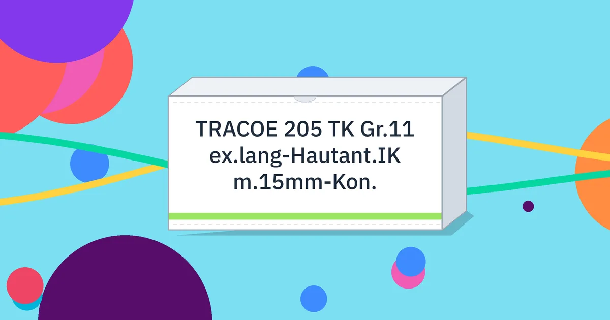 Symbolbild: Packung mit der Aufschrift TRACOE 205 TK Gr.11 ex.lang-Hautant.IK m.15mm-Kon. (PZN 02719913) – Verfügbarkeit und Bezug in Apotheken in Frankfurt am Main