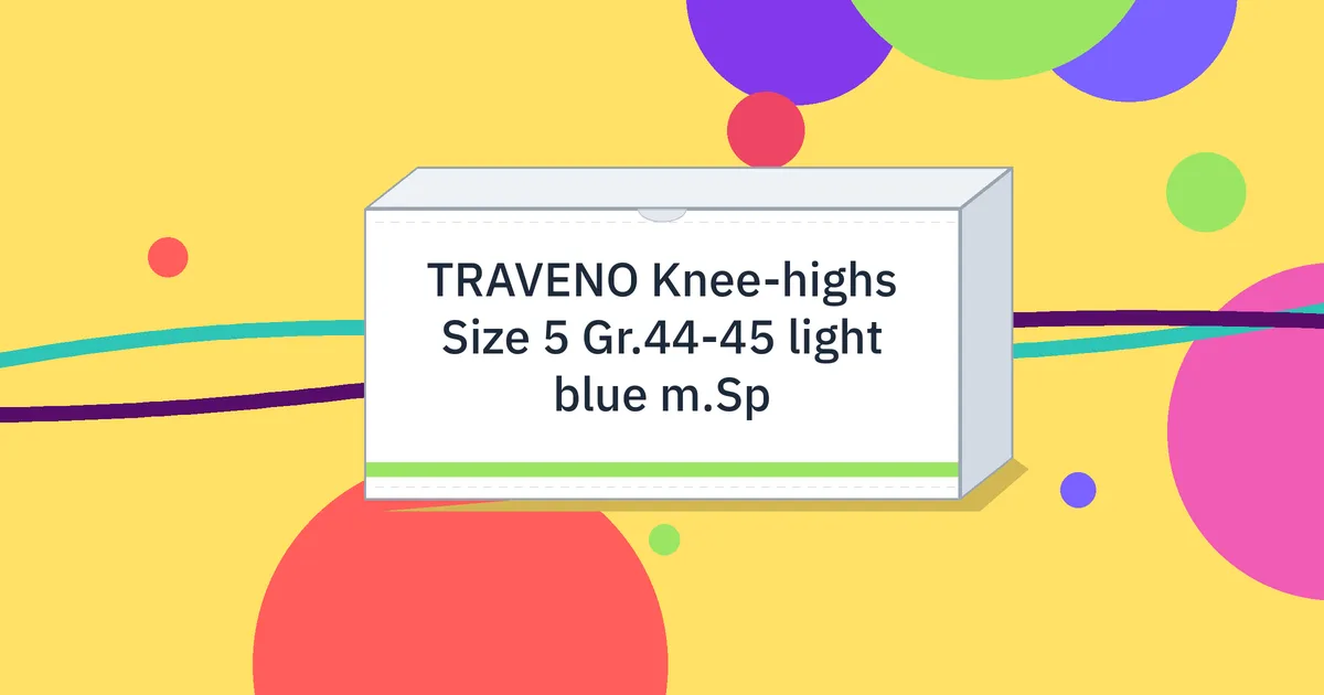 Symbolbild: Packung mit der Aufschrift TRAVENO Knee-highs Size 5 Gr.44-45 light blue m.Sp (PZN 20651811) – Verfügbarkeit und Bezug in Apotheken in Frankfurt am Main