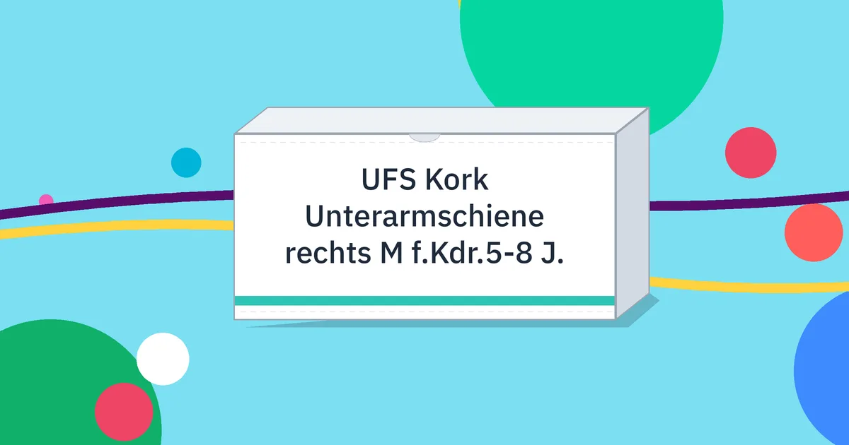Symbolbild: Packung mit der Aufschrift UFS Kork Unterarmschiene rechts M f.Kdr.5-8 J. (PZN 04810629) – Verfügbarkeit und Bezug in Apotheken in Frankfurt am Main