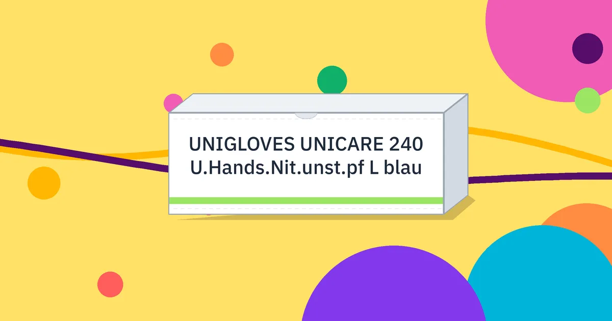 Symbolbild: Packung mit der Aufschrift UNIGLOVES UNICARE 240 U.Hands.Nit.unst.pf L blau (PZN 19907234) – Verfügbarkeit und Bezug in Apotheken in Frankfurt am Main