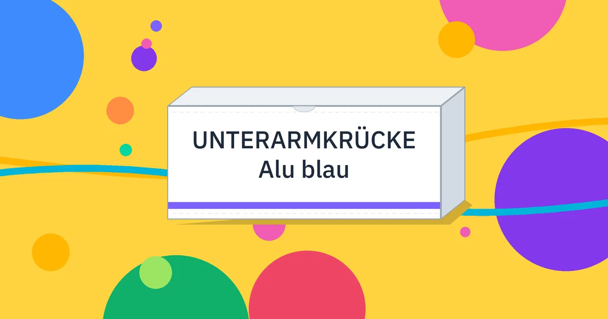 Symbolbild: Packung mit der Aufschrift UNTERARMKRÜCKE Alu blau (PZN 06989578) – Verfügbarkeit und Bezug in Apotheken in Frankfurt am Main