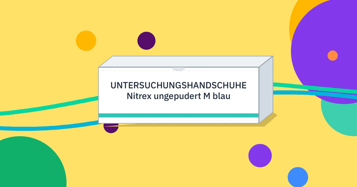 Symbolbild: Packung mit der Aufschrift UNTERSUCHUNGSHANDSCHUHE Nitrex ungepudert M blau (PZN 16878762) – Verfügbarkeit und Bezug in Apotheken in Frankfurt am Main