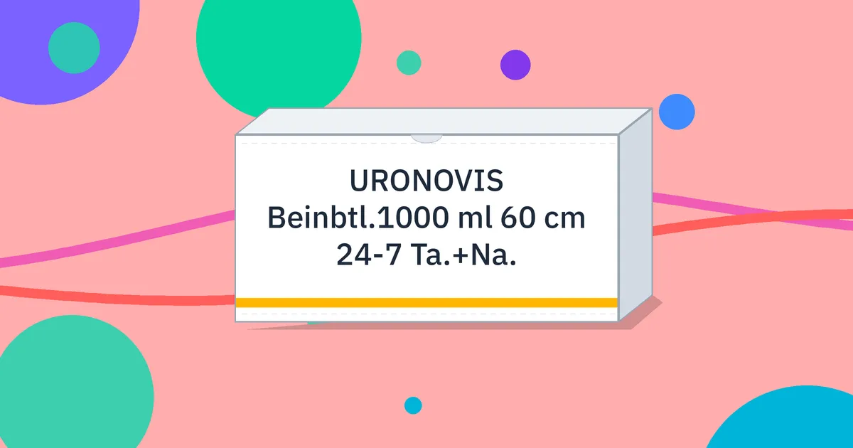 Symbolbild: Packung mit der Aufschrift URONOVIS Beinbtl.1000 ml 60 cm 24-7 Ta.+Na. (PZN 14373199) – Verfügbarkeit und Bezug in Apotheken in Frankfurt am Main