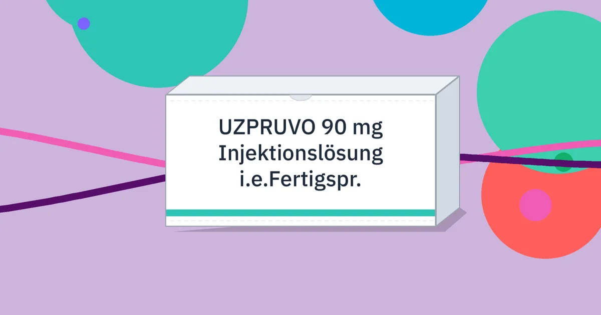 Symbolbild: Packung mit der Aufschrift UZPRUVO 90 mg Injektionslösung i.e.Fertigspr. (PZN 19542063) – Verfügbarkeit und Bezug in Apotheken in Frankfurt am Main