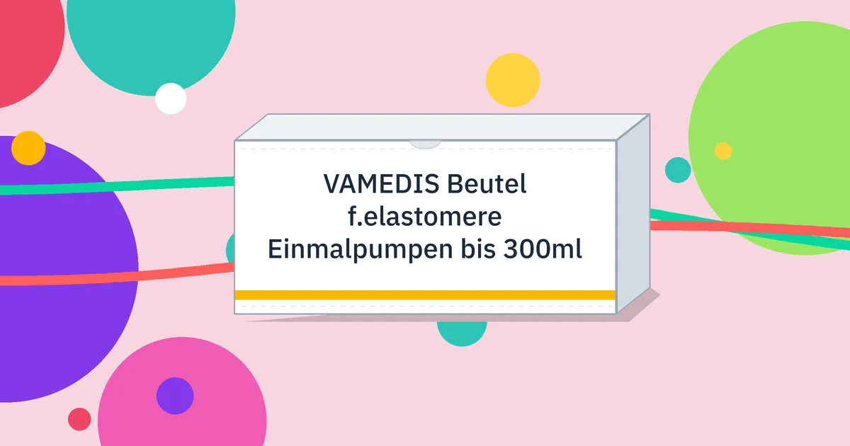 Symbolbild: Packung mit der Aufschrift VAMEDIS Beutel f.elastomere Einmalpumpen bis 300ml (PZN 16684868) – Verfügbarkeit und Bezug in Apotheken in Frankfurt am Main