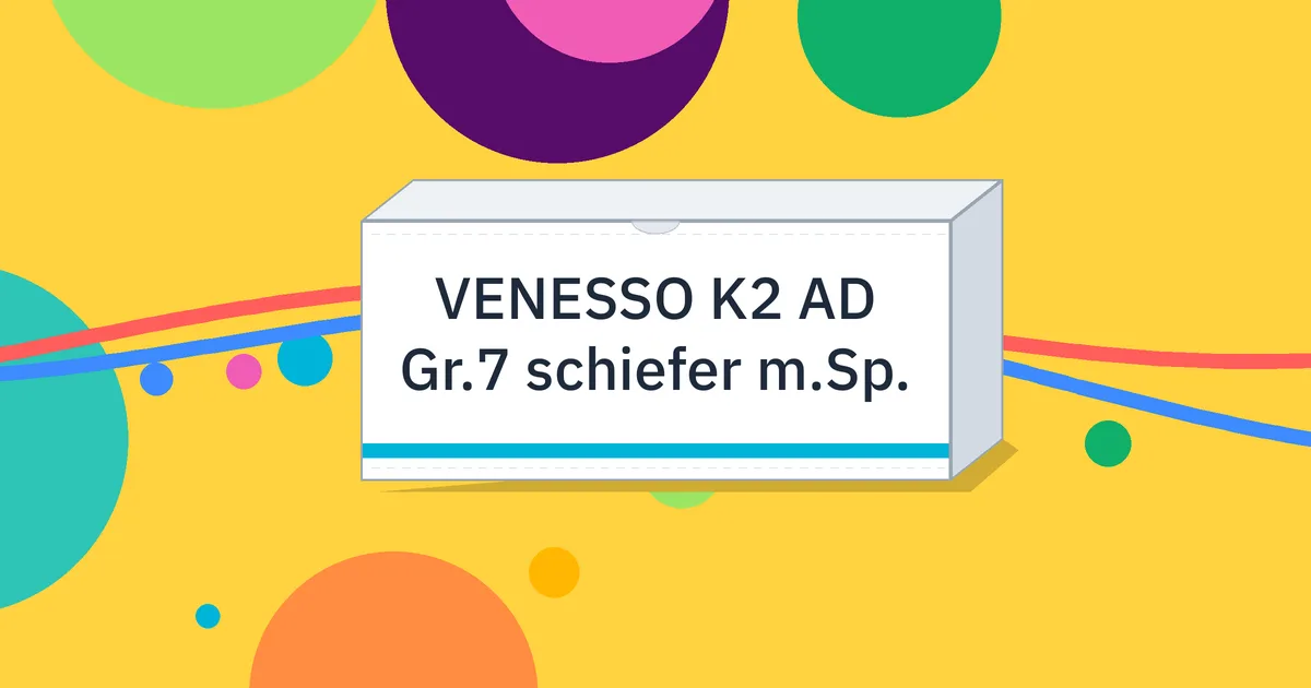 Symbolbild: Packung mit der Aufschrift VENESSO K2 AD Gr.7 schiefer m.Sp. (PZN 03258472) – Verfügbarkeit und Bezug in Apotheken in Frankfurt am Main