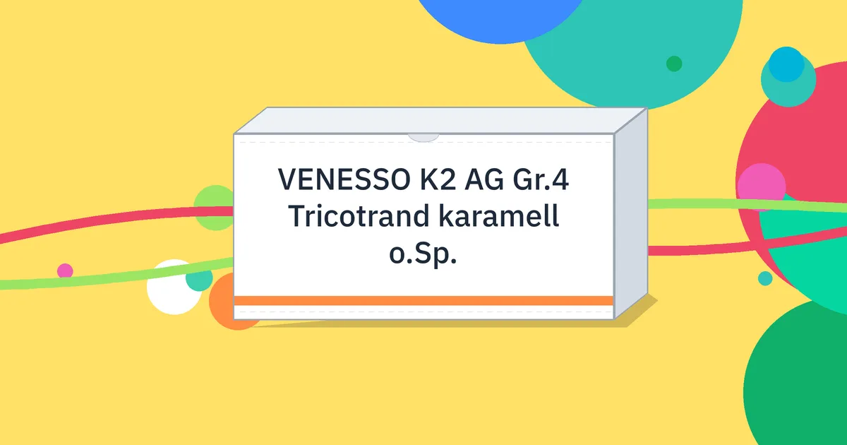 Symbolbild: Packung mit der Aufschrift VENESSO K2 AG Gr.4 Tricotrand karamell o.Sp. (PZN 13763076) – Verfügbarkeit und Bezug in Apotheken in Frankfurt am Main