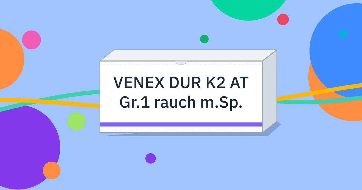 Symbolbild: Packung mit der Aufschrift VENEX DUR K2 AT Gr.1 rauch m.Sp. (PZN 03221552) – Verfügbarkeit und Bezug in Apotheken in Frankfurt am Main