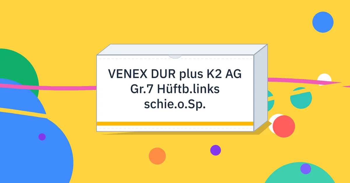 Symbolbild: Packung mit der Aufschrift VENEX DUR plus K2 AG Gr.7 Hüftb.links schie.o.Sp. (PZN 03242643) – Verfügbarkeit und Bezug in Apotheken in Frankfurt am Main