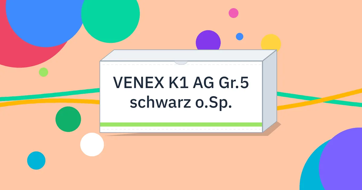 Symbolbild: Packung mit der Aufschrift VENEX K1 AG Gr.5 schwarz o.Sp. (PZN 03189825) – Verfügbarkeit und Bezug in Apotheken in Frankfurt am Main